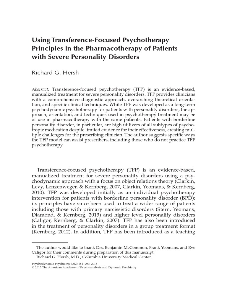 Transference Focused Psychotherapy Principles On Patients in ...