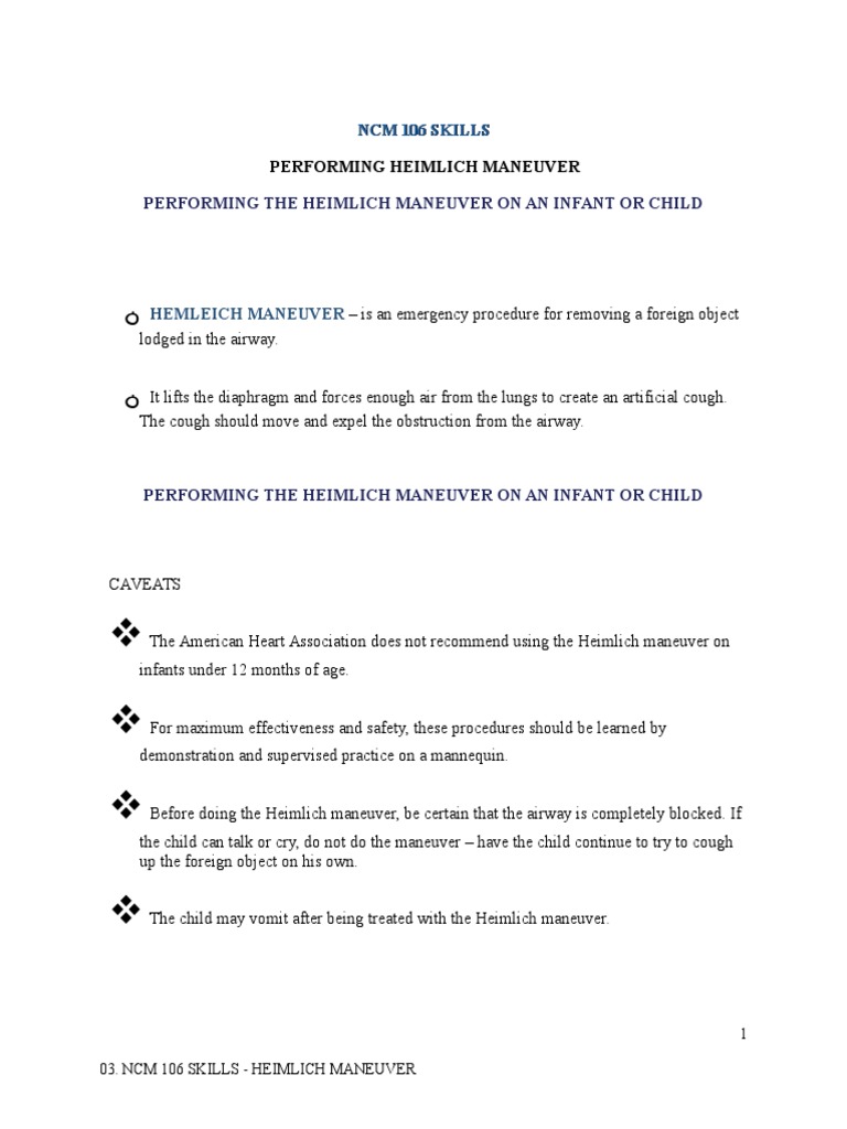 Ncm 106 Skills - Handout -- Heimlich Maneuver | Survival Skills | Medicine