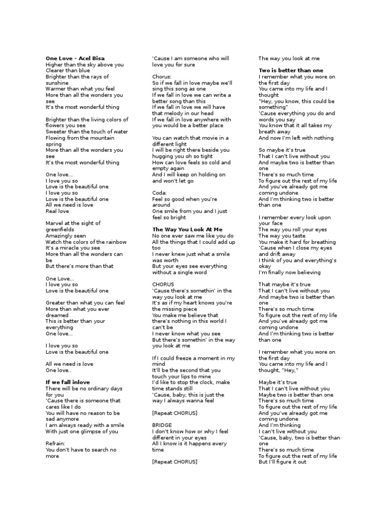 One Love Lyrics | PDF | Entertainment (General) | Leisure