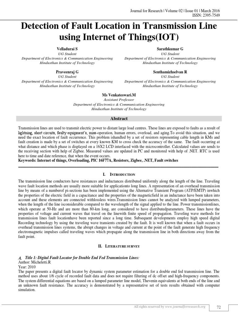 Detection Of Fault Location In Transmission Line Using Internet Of Things Iot Pdf