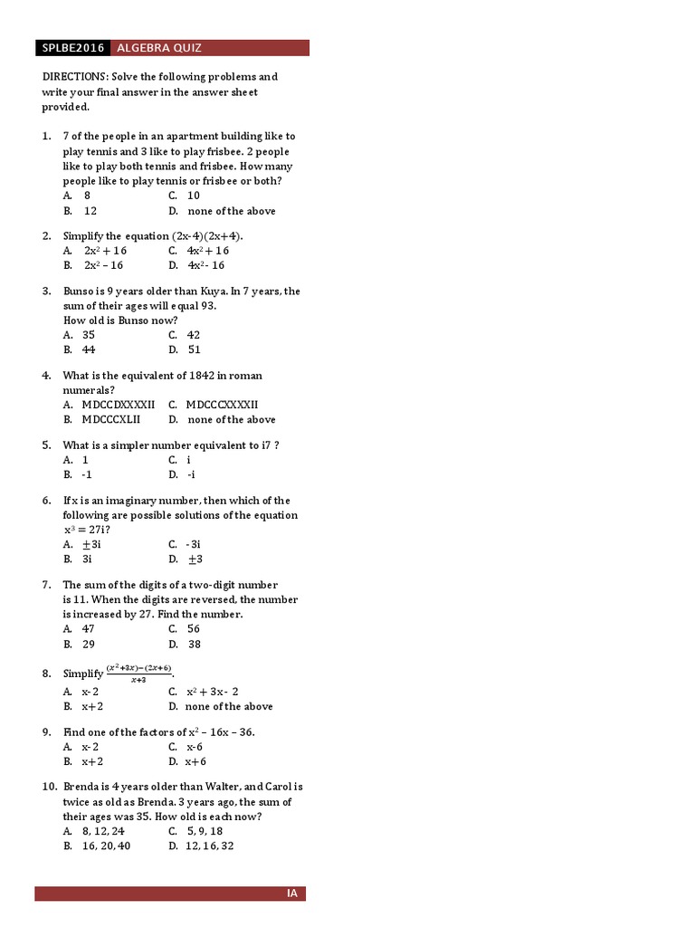 Easy Algebra Quiz | PDF | Equations | Algebra