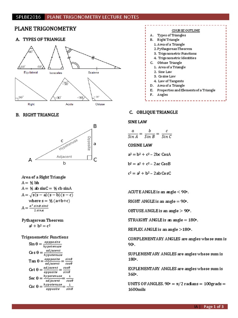 Trigonometry Lecture Notes | Trigonometric Functions | Triangle