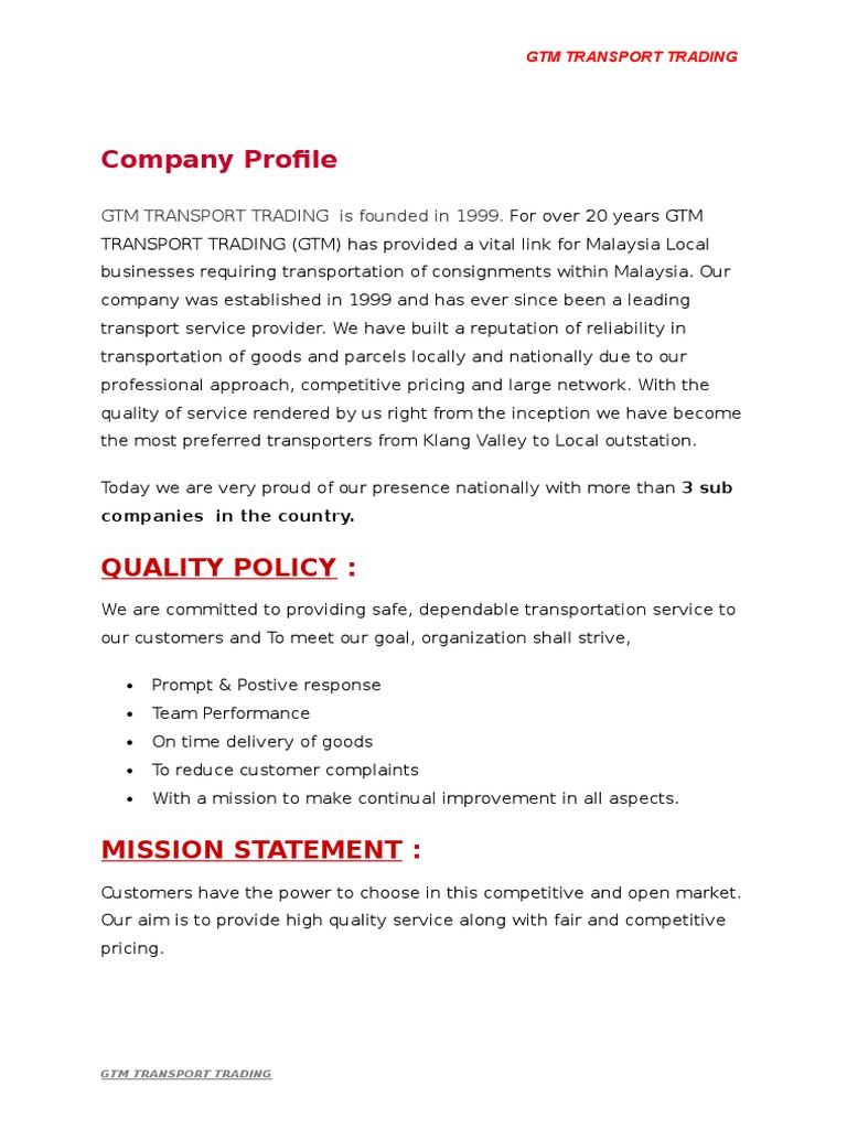 GTM Transport Trading Company Profile | PDF | Goal | Logistics