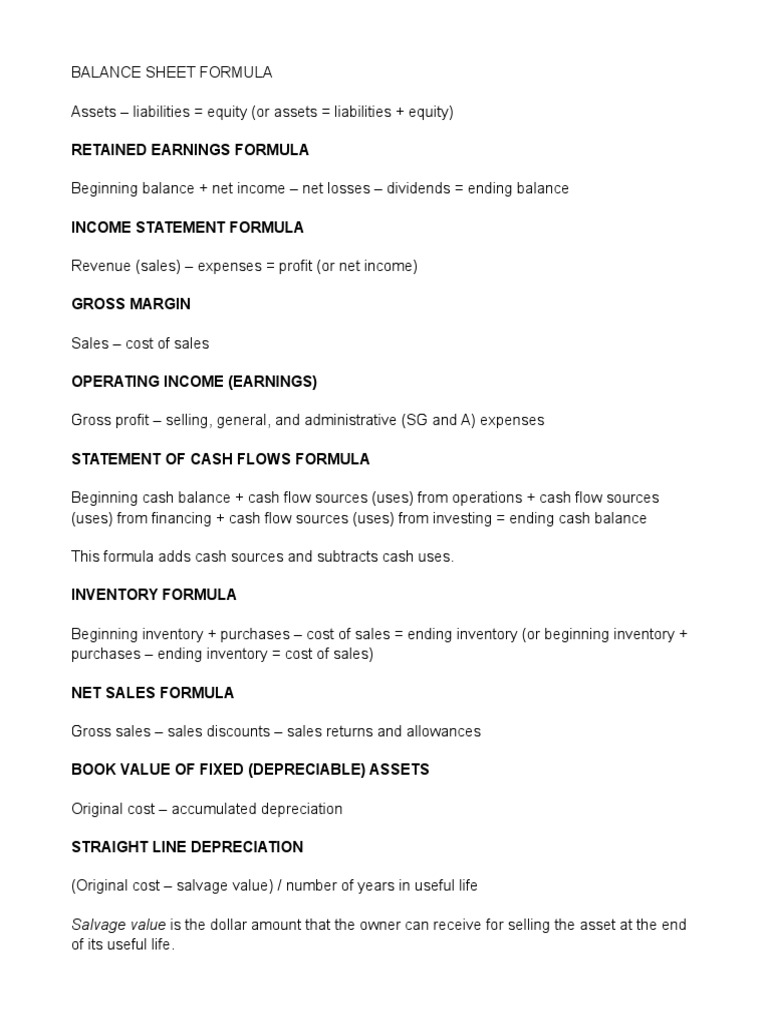 Balance Sheet Formula | PDF | Finance & Money Management