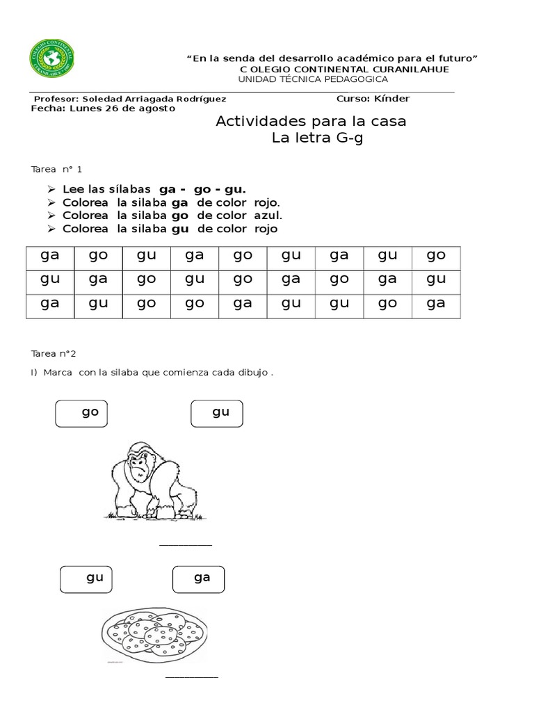 Guia de Tareas Letra Ga Go Gu | PDF