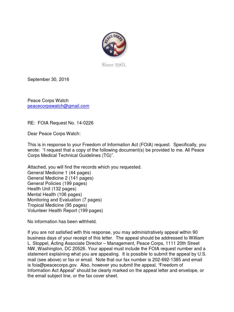 Peace Corps FOIA Response Letter Medical Technical Guidelines | PDF