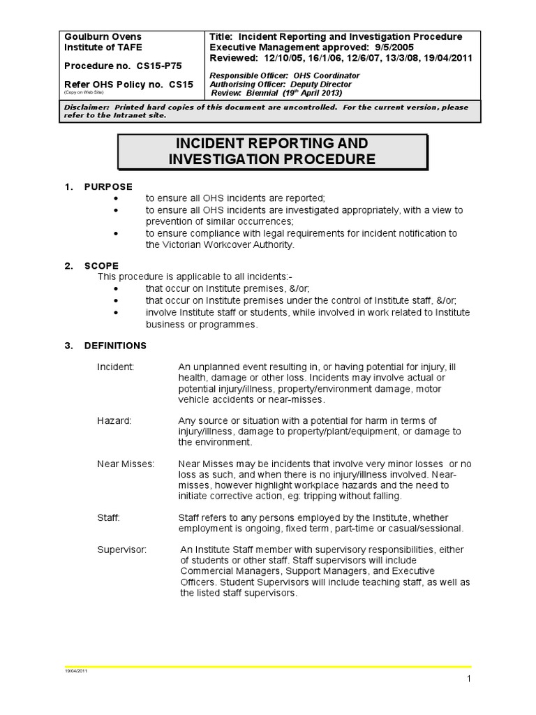 Incident Reporting and Investigation Procedure | PDF | Occupational ...