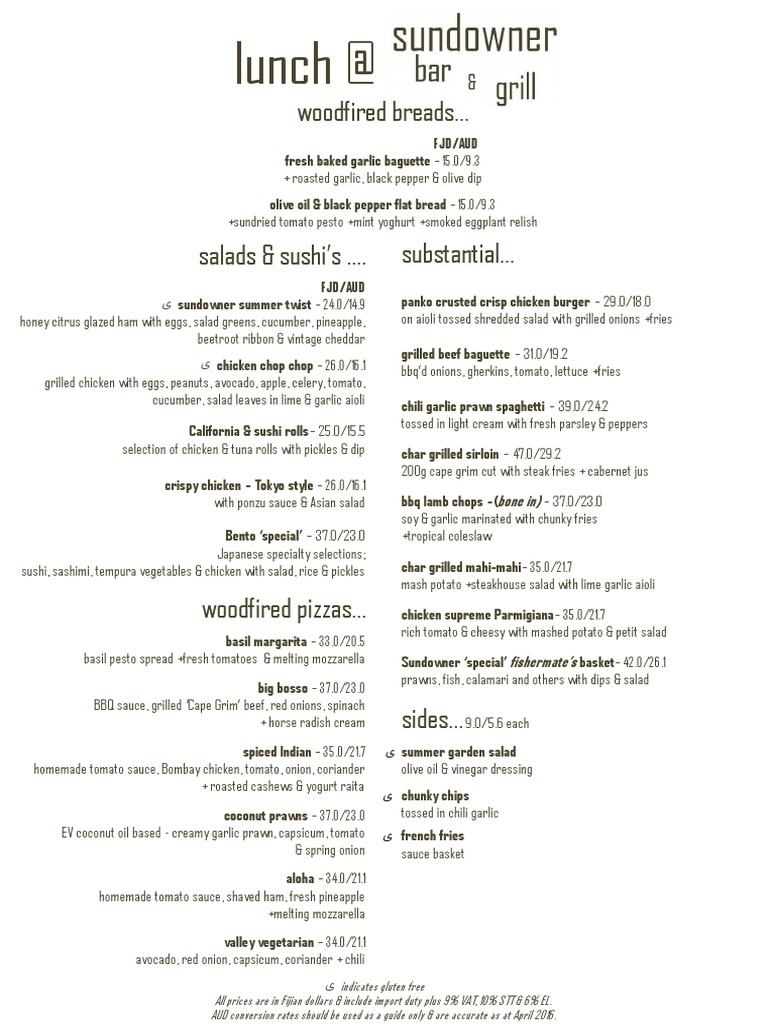 Sundowner Bar Lunch | PDF