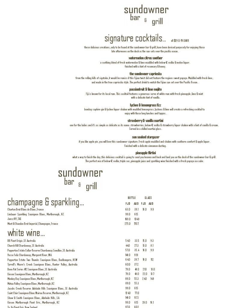 Sundowner Bar Beverage List | PDF | Drink | Rum
