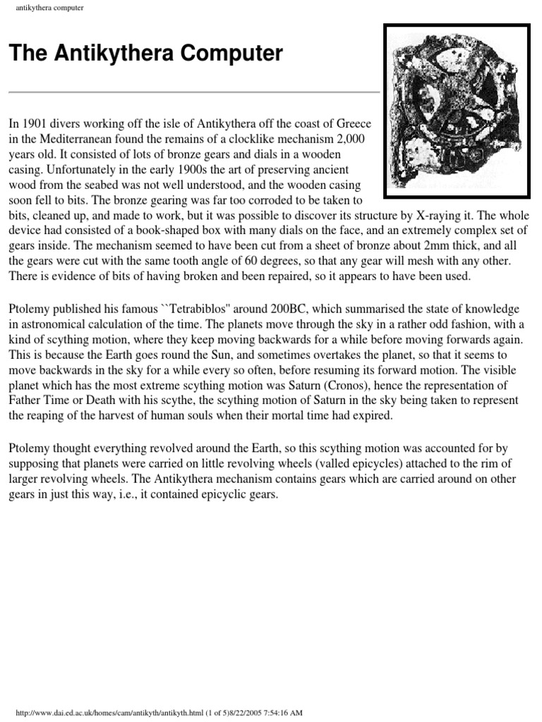 The Ancient Greek Antikythera Mechanism: A 2,000 Year Old Astronomical ...