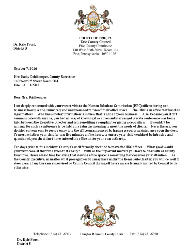 Letter To Erie County Executive Kathy Dahlkemper From Erie County ...