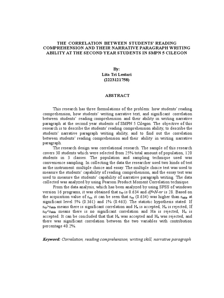 The Correlation Between Students' Reading Comprehension and Their Narrative Paragraph Writing ...