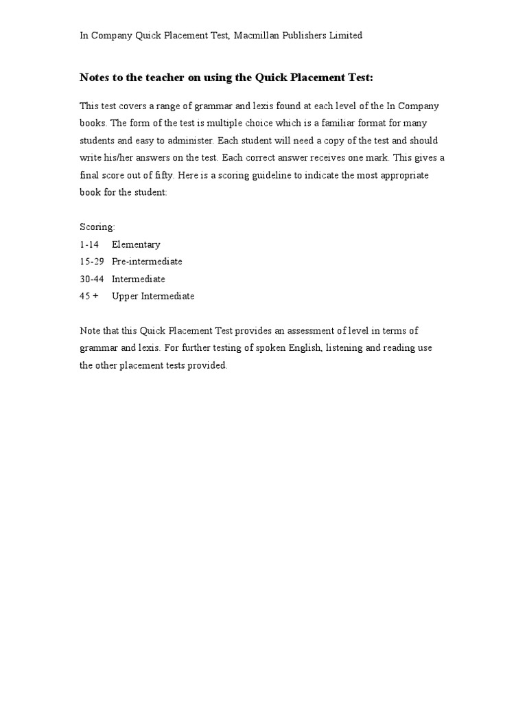 In Company Quick Placement Test Guide | PDF | Multiple Choice