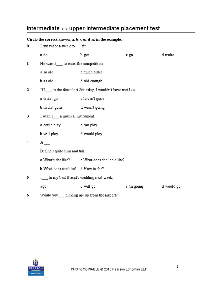 Intermediate - Upper Intermediate Placement Test | PDF