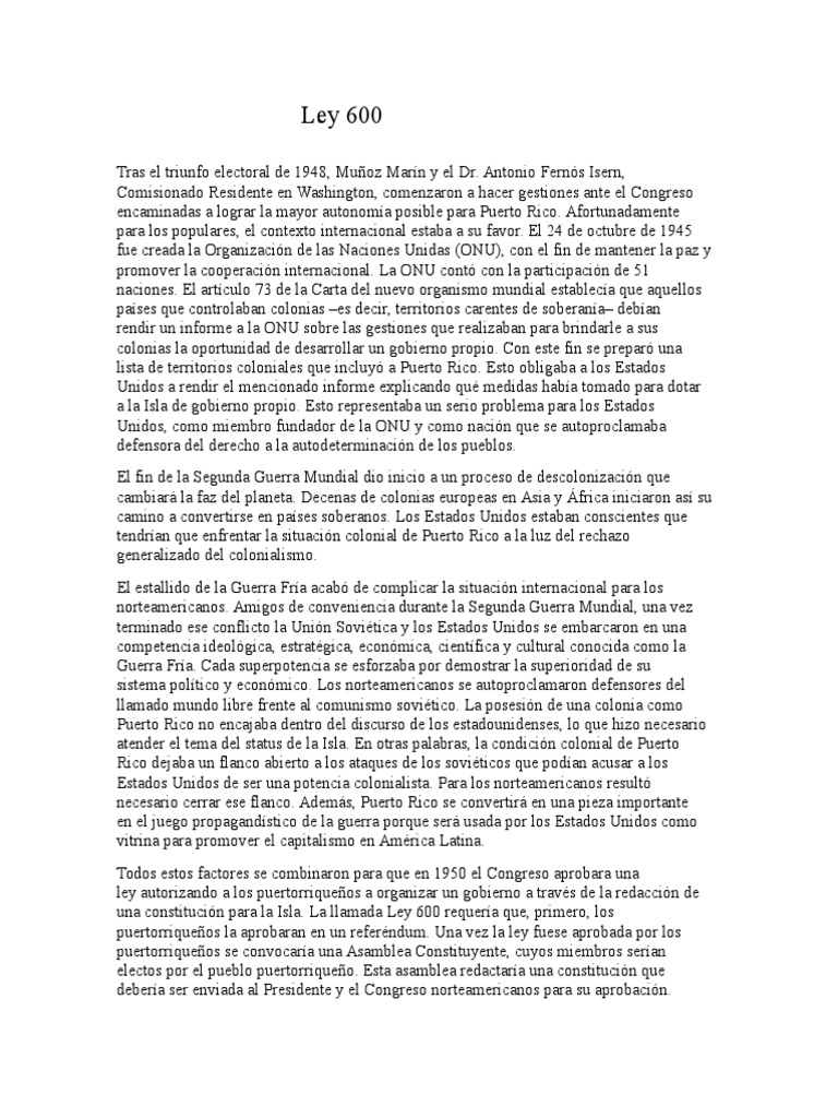 Ley 600: Autonomía y Desafíos en PR | PDF | Puerto Rico | Naciones Unidas