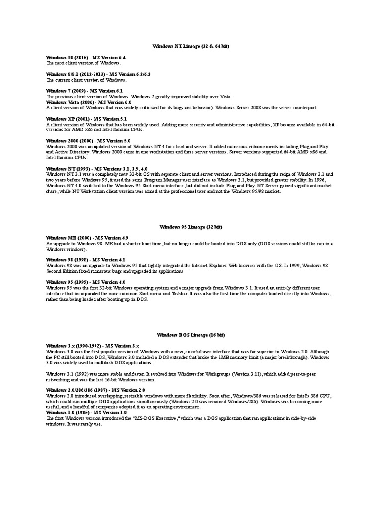 Windows NT Lineage | PDF | Windows Nt | Microsoft Windows