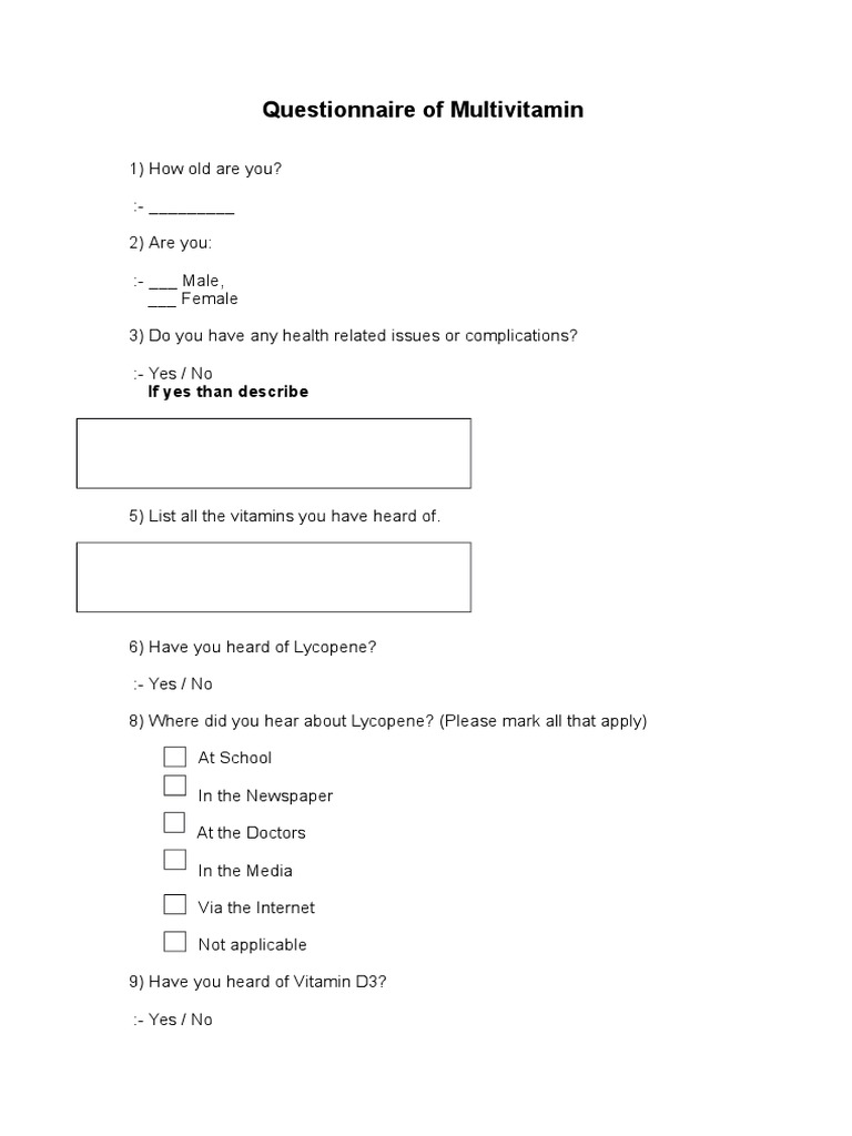 Multivitamin Awareness Questionnaire | PDF