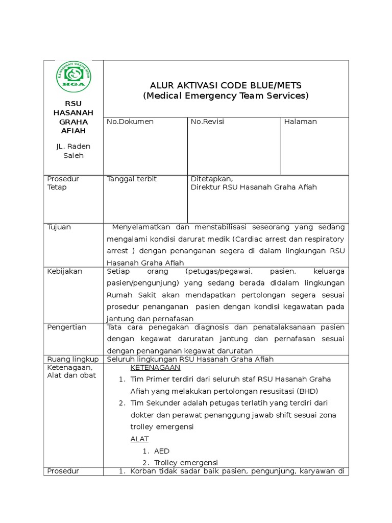 Sop Alur Aktivasi Code Blue Rs Hga | PDF