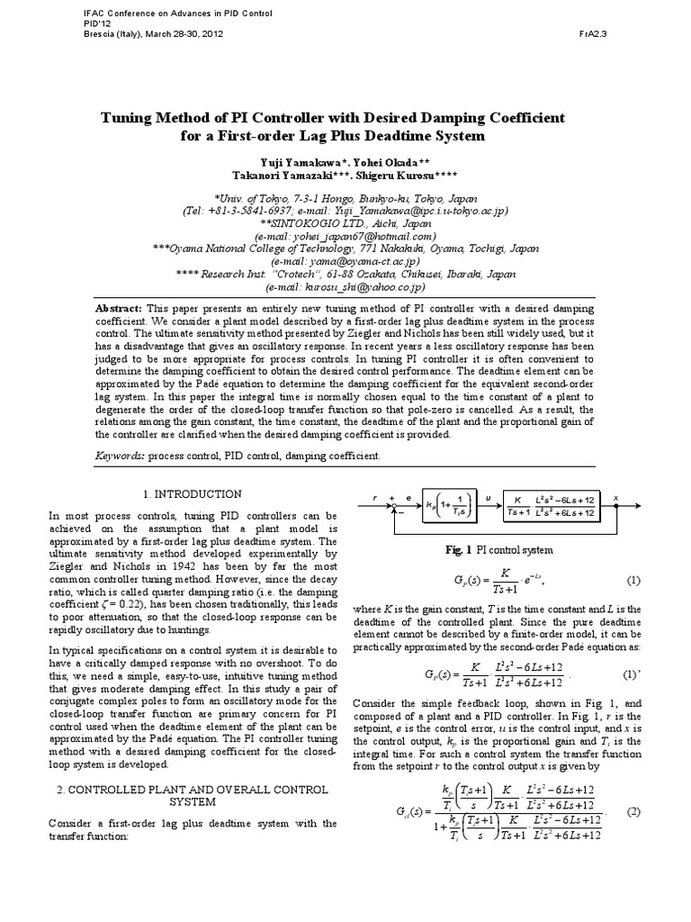 Tuning Method of PI Controller With Desired Damping Coefficient For A First-Order Lag Plus ...