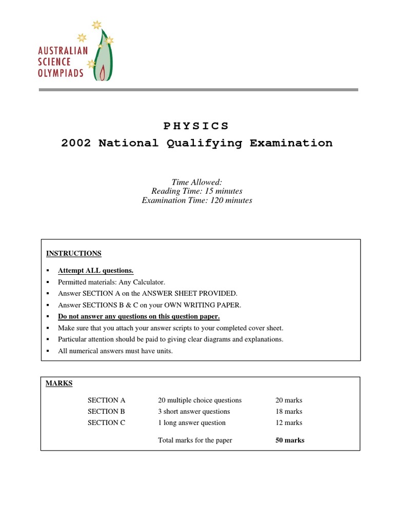 2002 Physics NQE Questions PDF | PDF | Gases | Molecules
