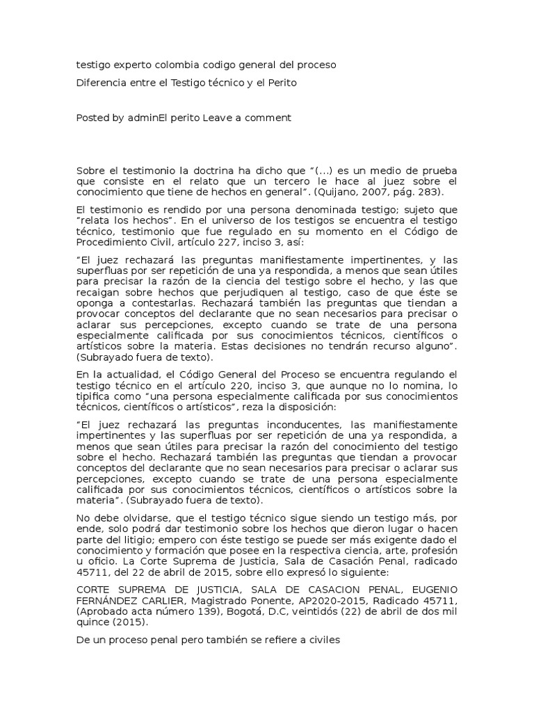 Testigo Experto Colombia Codigo General Del Proceso | PDF | Testigo ...