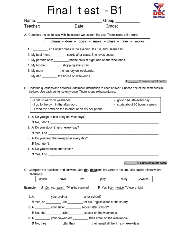 B1 Final Exam Practice Test | PDF