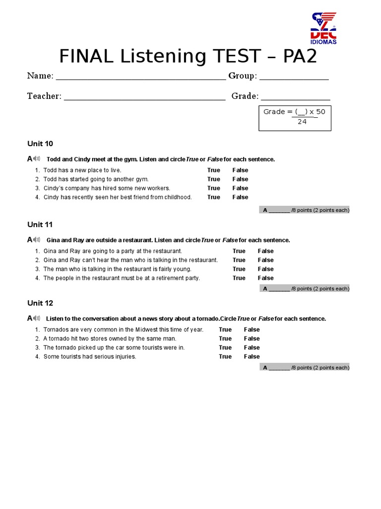 Final Listening Test - PA2 | PDF