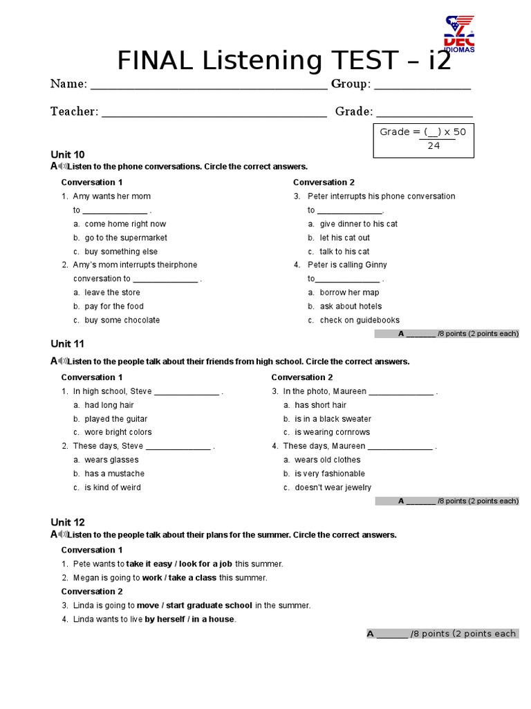 Final Listening Test - I2 | PDF