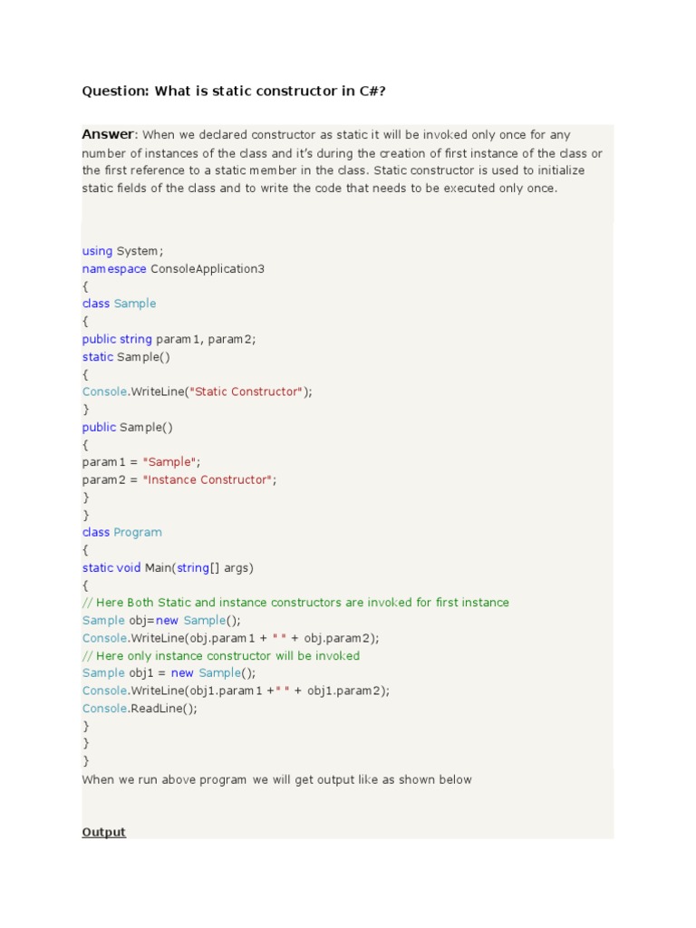 Question What Is Static Constructor In C Answer Using Namespace Class Public String Static 0281