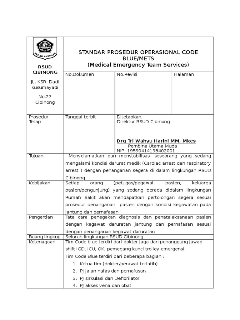 SOP Code Blue Rsud Cibi | PDF