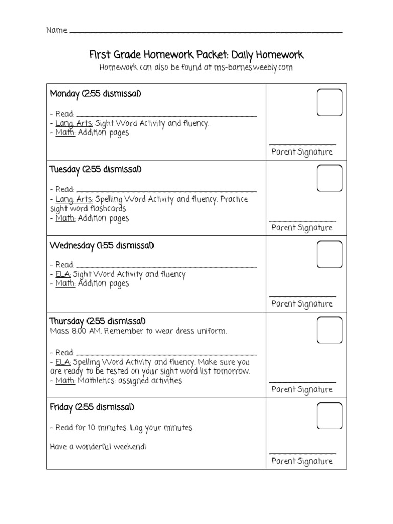 First Grade Homework Packet:: Monday (2:55 Dismissal) | PDF