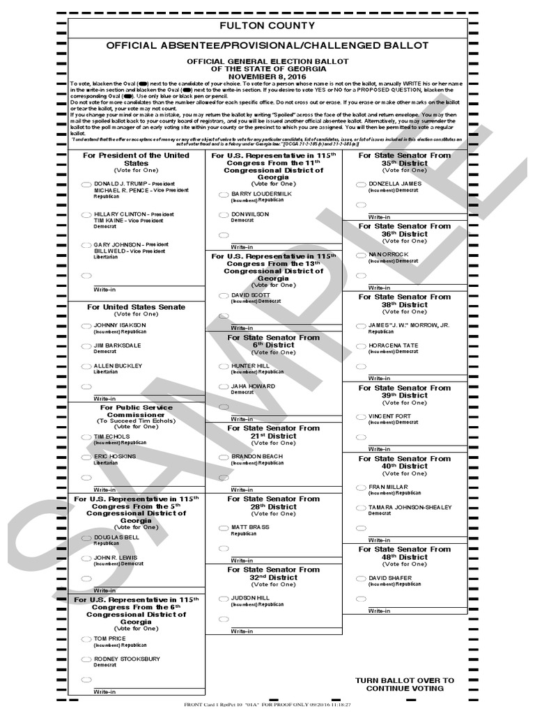 Fulton Sample Ballot 2016 Gen Election | PDF | Georgia (U.S. State) | Taxes