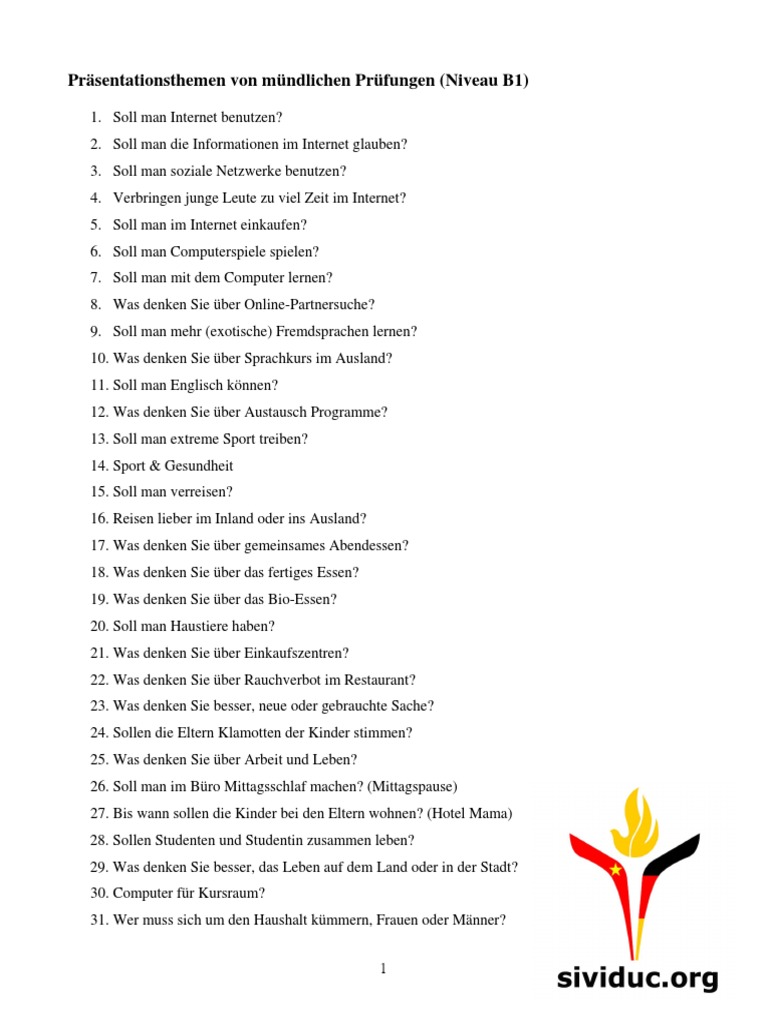 PrÃ Sentationsthemen Von Mã Ndlichen PrÃ Fungen B1 | PDF