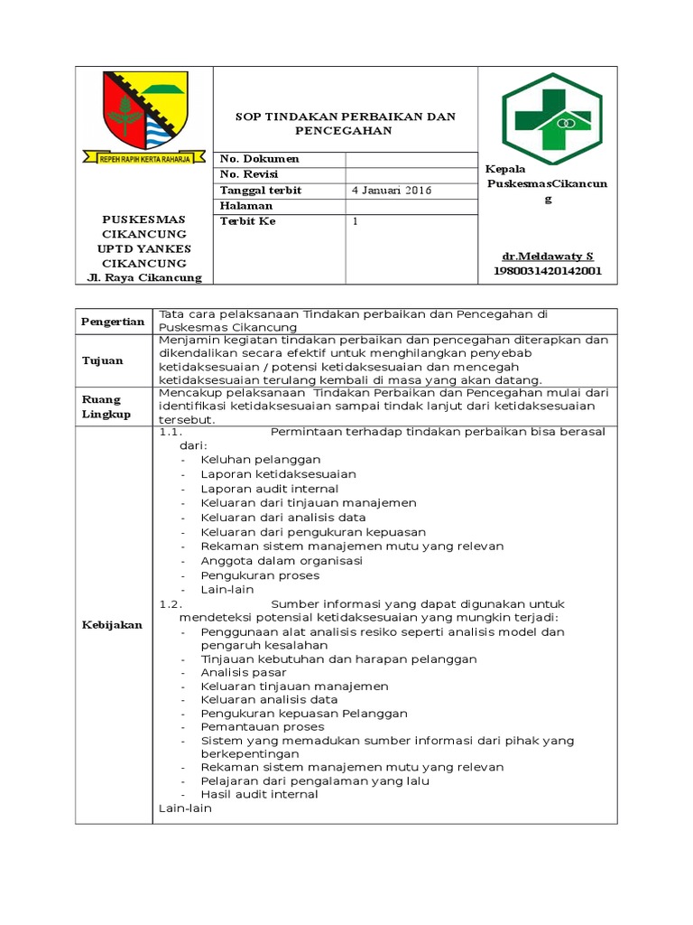 Sop Tindakan Perbaikan Dan Pencegahan | PDF