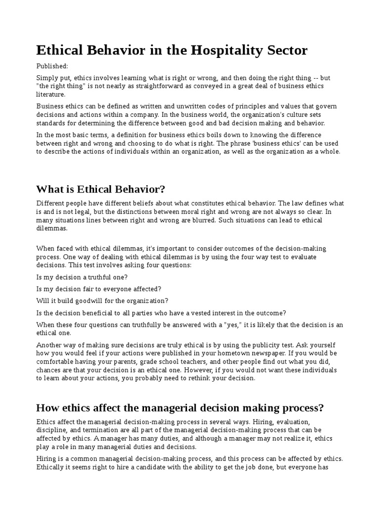 Ethical Behavior in The Hospitality Sector | PDF | Business Ethics ...