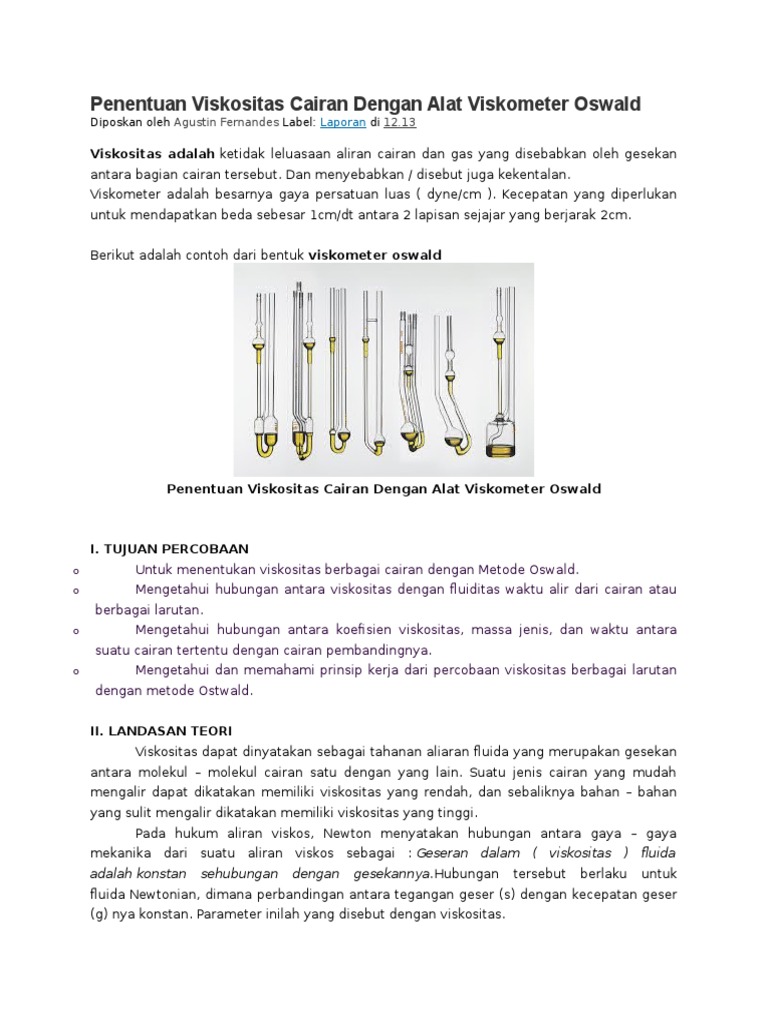 Penentuan Viskositas Cairan Dengan Alat Viskometer Oswald | PDF