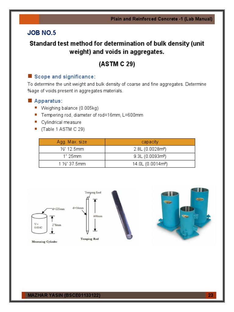 Standard Test Method For Determination Of Bulk Density Unit Weight