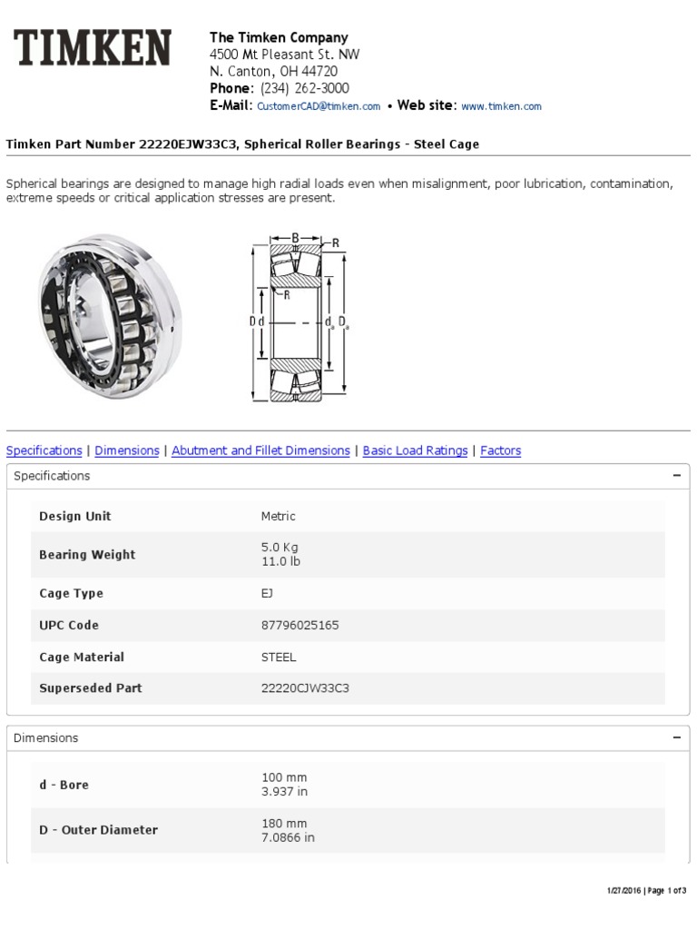 Timken 22220EJW33C3 Bearing Specs | PDF