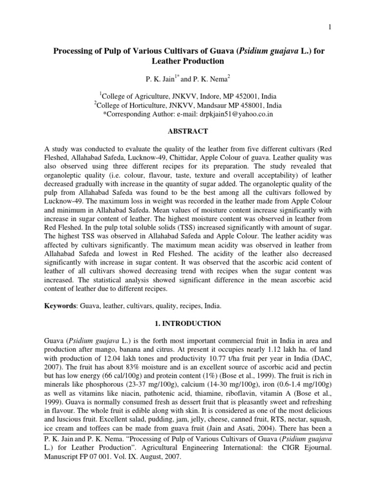 Processing of Pulp of Various Cultivars of Guava (Psidium Guajava L ...