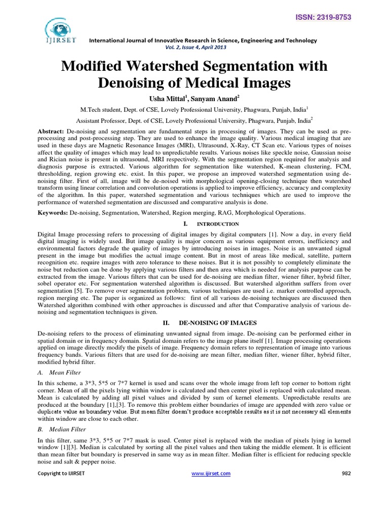 Modified Watershed Segmentation With Denoising of Medical Images | PDF | Image Segmentation ...