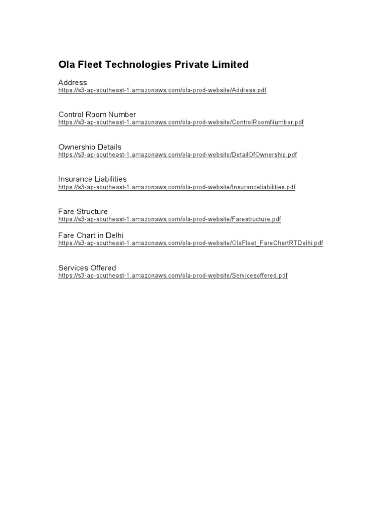Ola Fleet Technologies Private Limited: Address | PDF