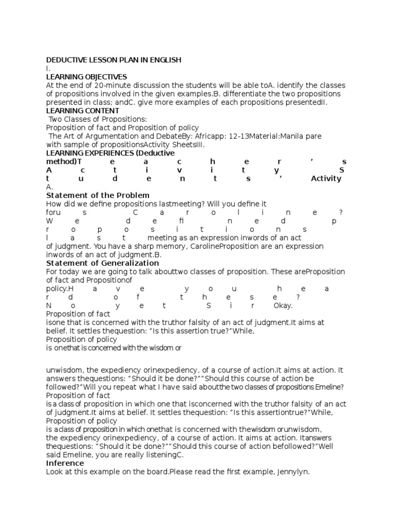 Deductive Lesson Plan in English | PDF | Proposition | Lesson Plan