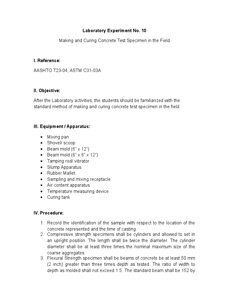 Lab Report 10 Making and Curing Concrete Test Specimen in The Field ...