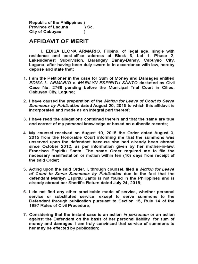 Affidavit of Merit - Armario | Affidavit | Judiciaries