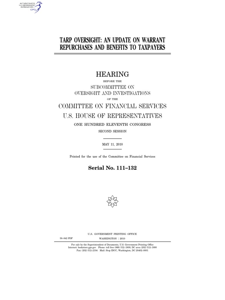 House Hearing, 111TH Congress - Tarp Oversight: An Update On Warrant ...