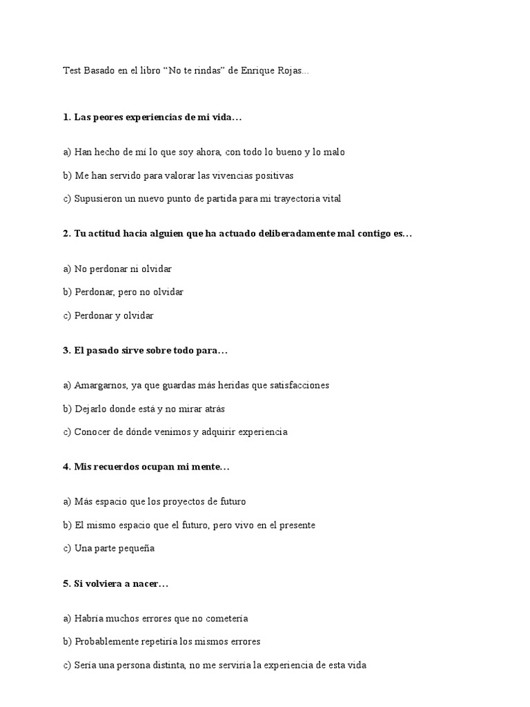 Test Basado en El Libro No Te Rindas de Enrique Rojas | PDF