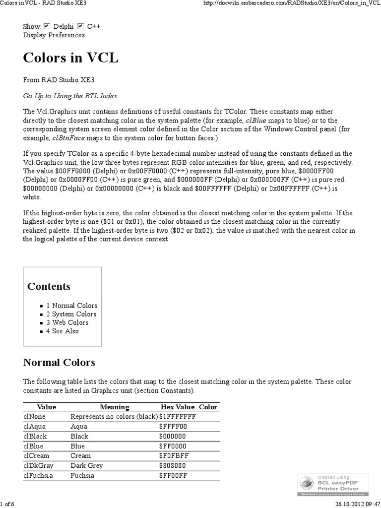 VCL Color Constants Guide | PDF | System Software | Artistic Techniques
