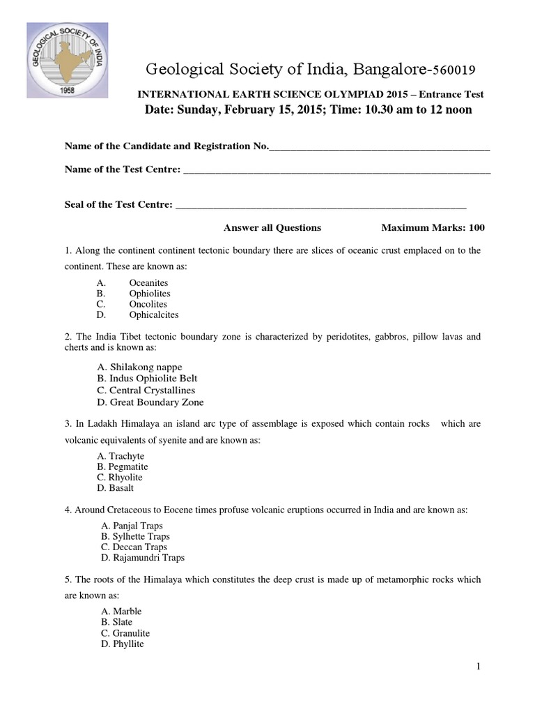 Entrance Test-2015 Question Paper PDF | PDF