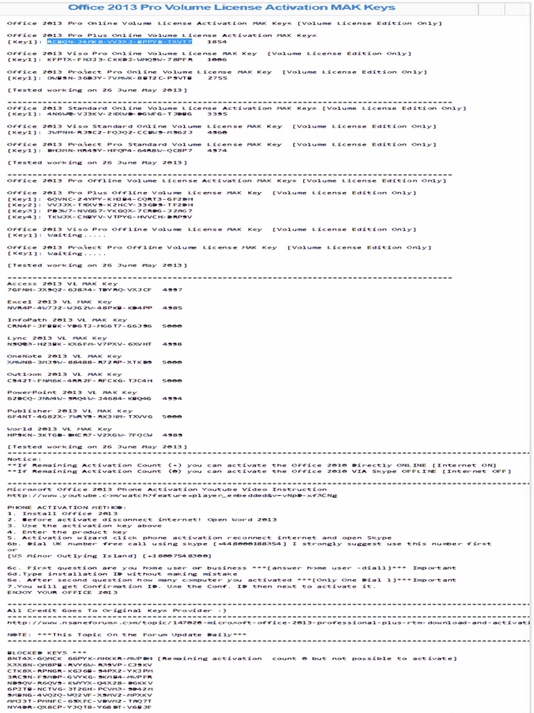 Office 2013 Pro Volume License Activation MAK Keys | PDF | Microsoft ...
