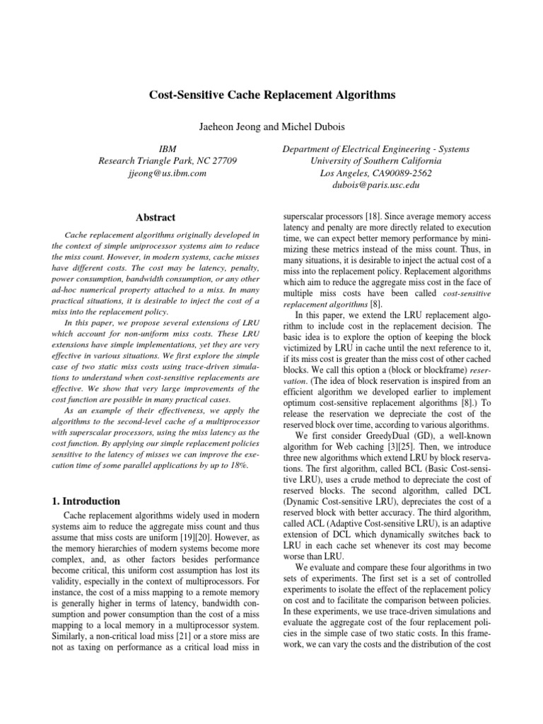 Cost-Sensitive Cache Replacement Algorithms: Jaeheon Jeong and Michel Dubois | PDF | Cpu Cache ...